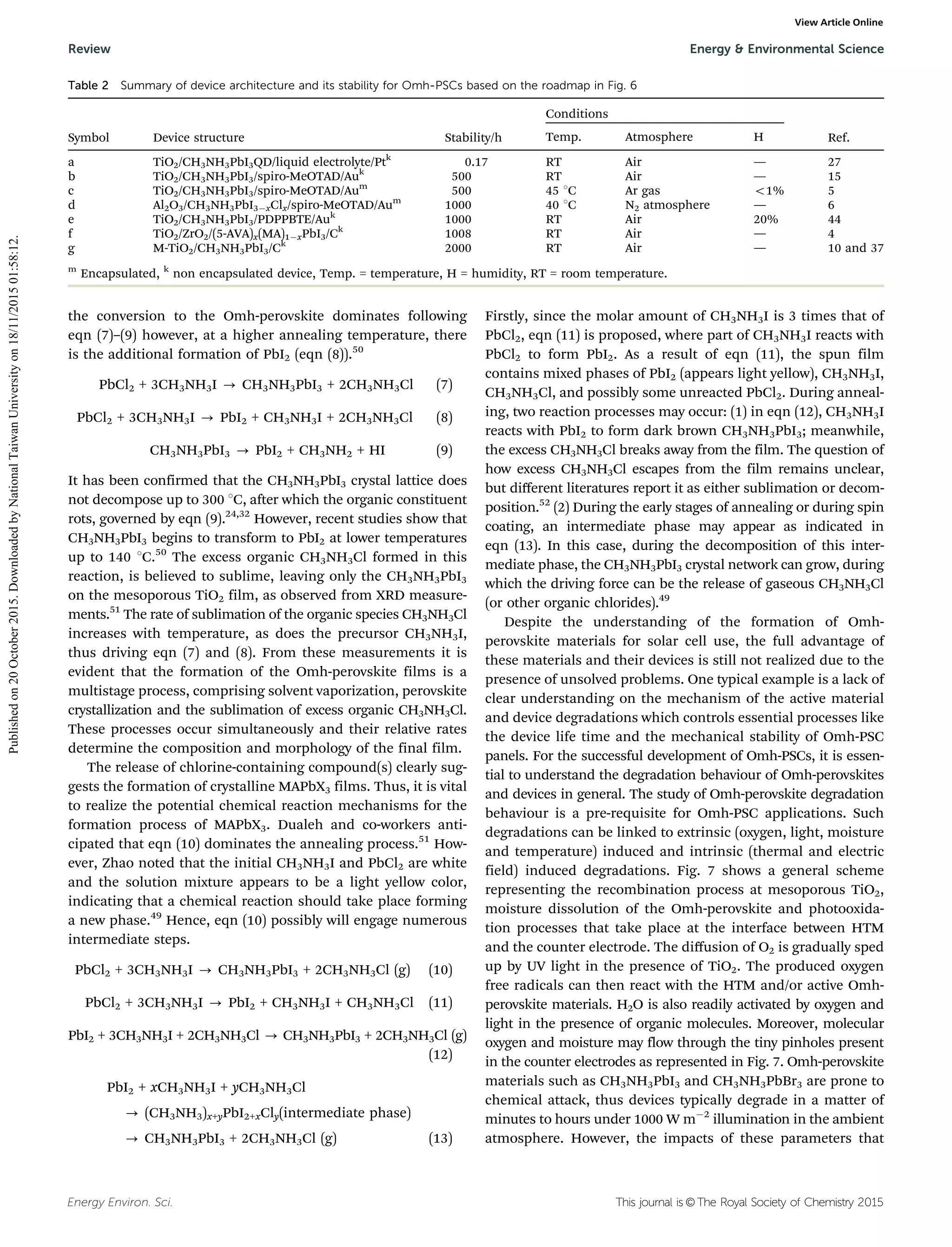 Organometal halide perovskite solar cells: Degradation and stability | PDF
