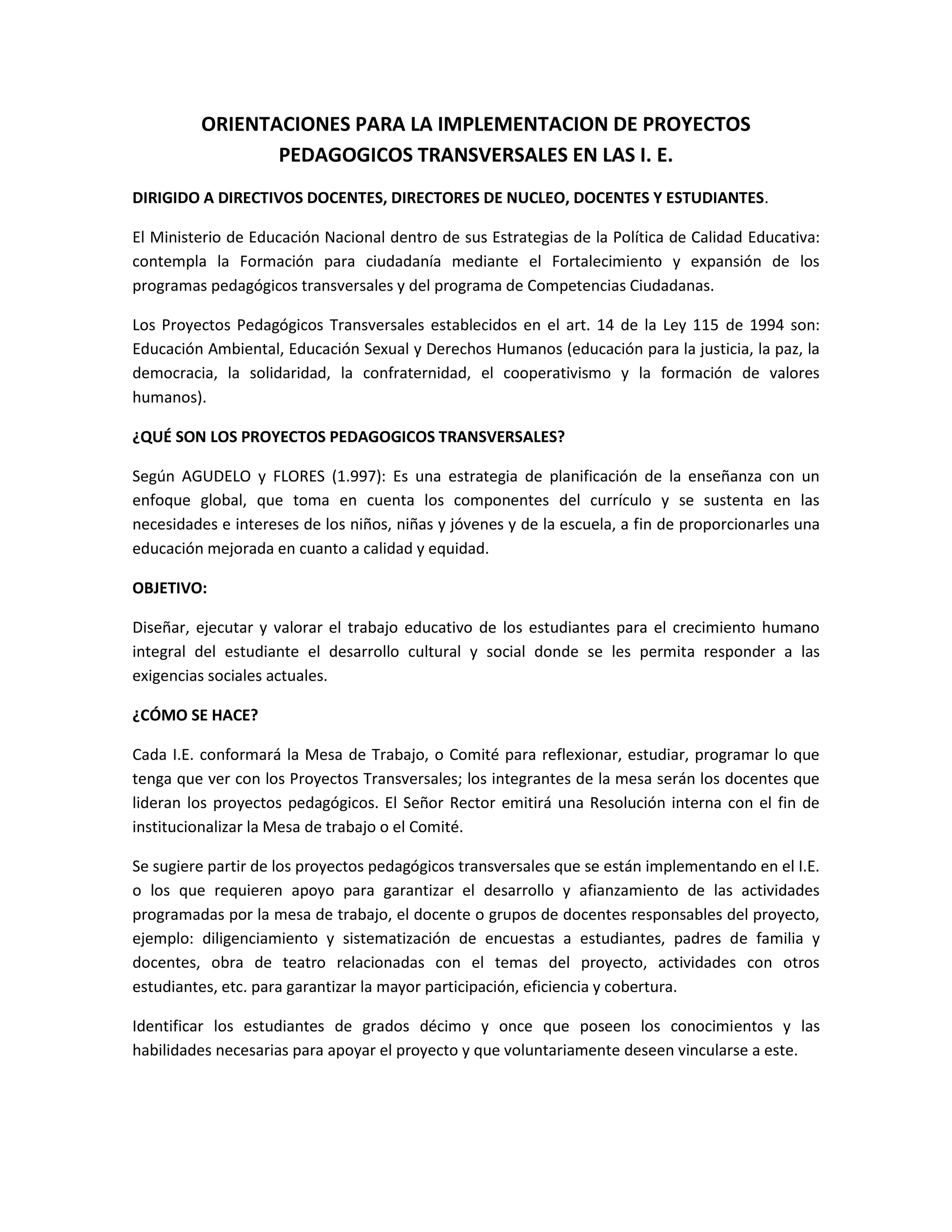 Orientaciones para la implementacion de proyectos pedagogicos ...
