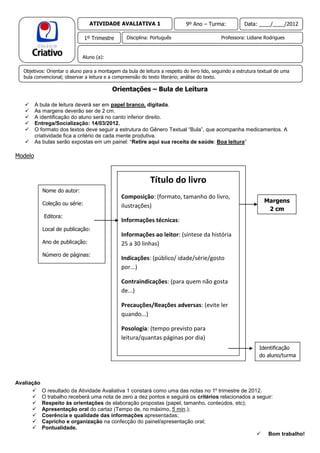 Orientações bula de leitura 9ºano | DOCX