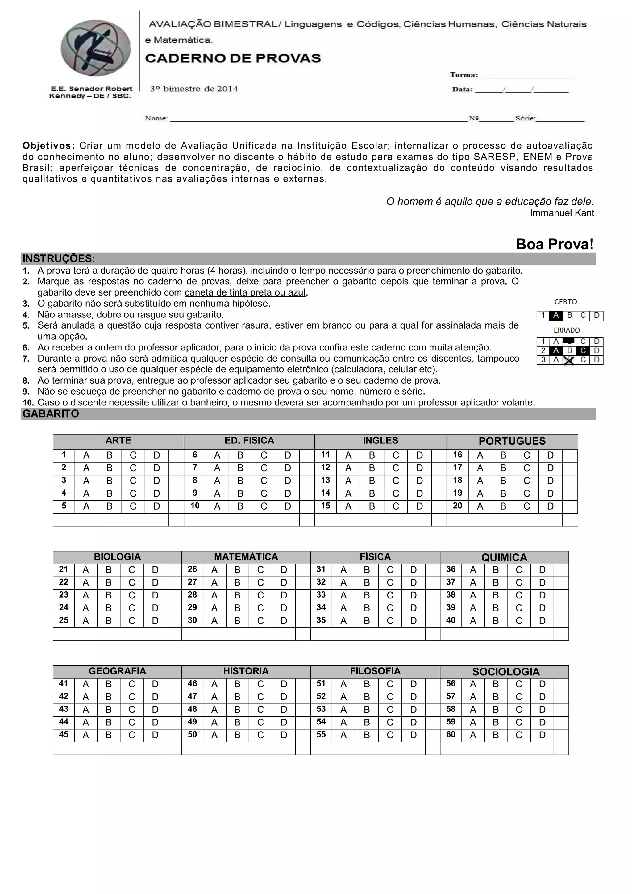 Orientações caderno de provas ensino médio | PDF