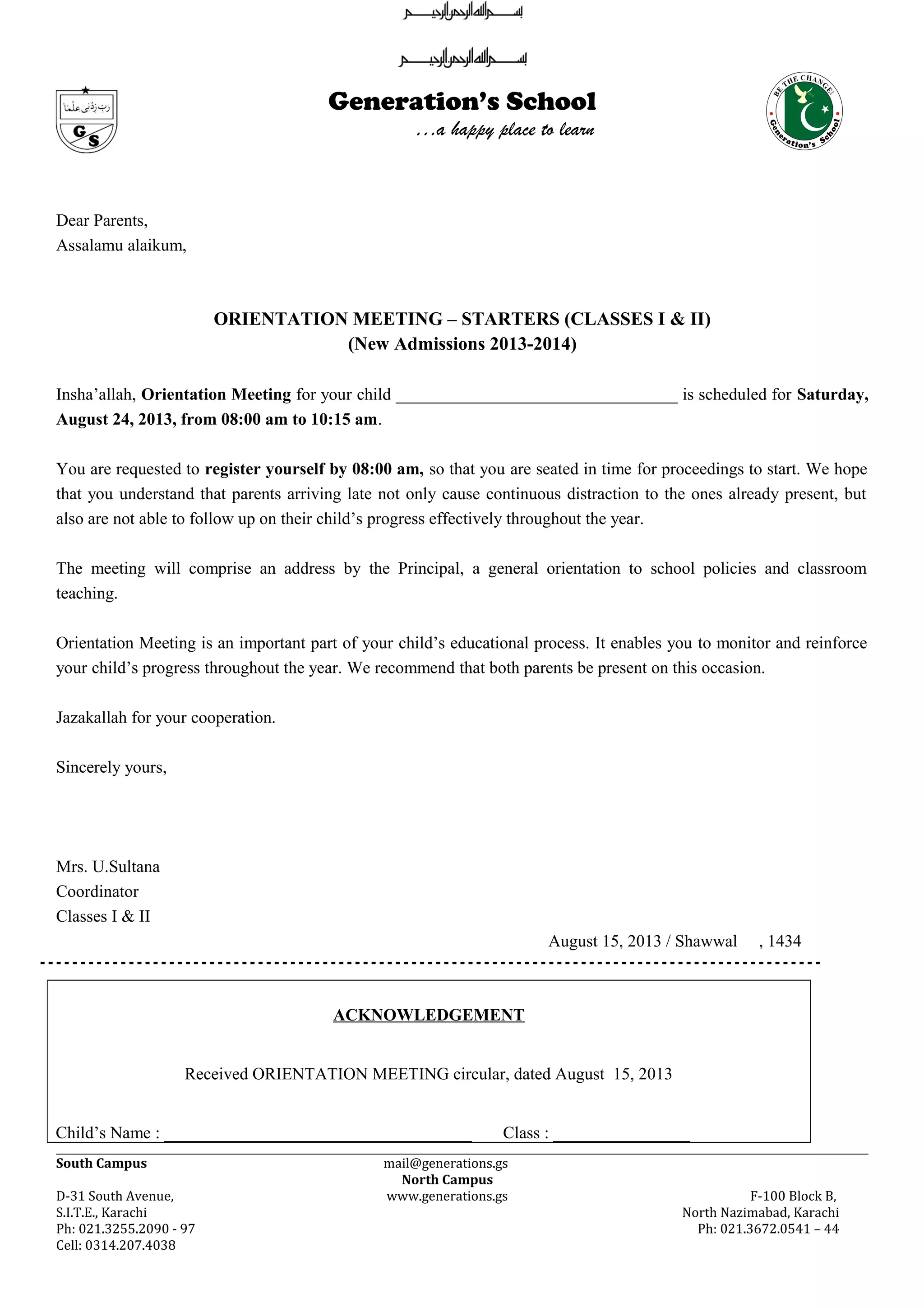 Orientation Meeting Letter-Starters-New Parents | DOC