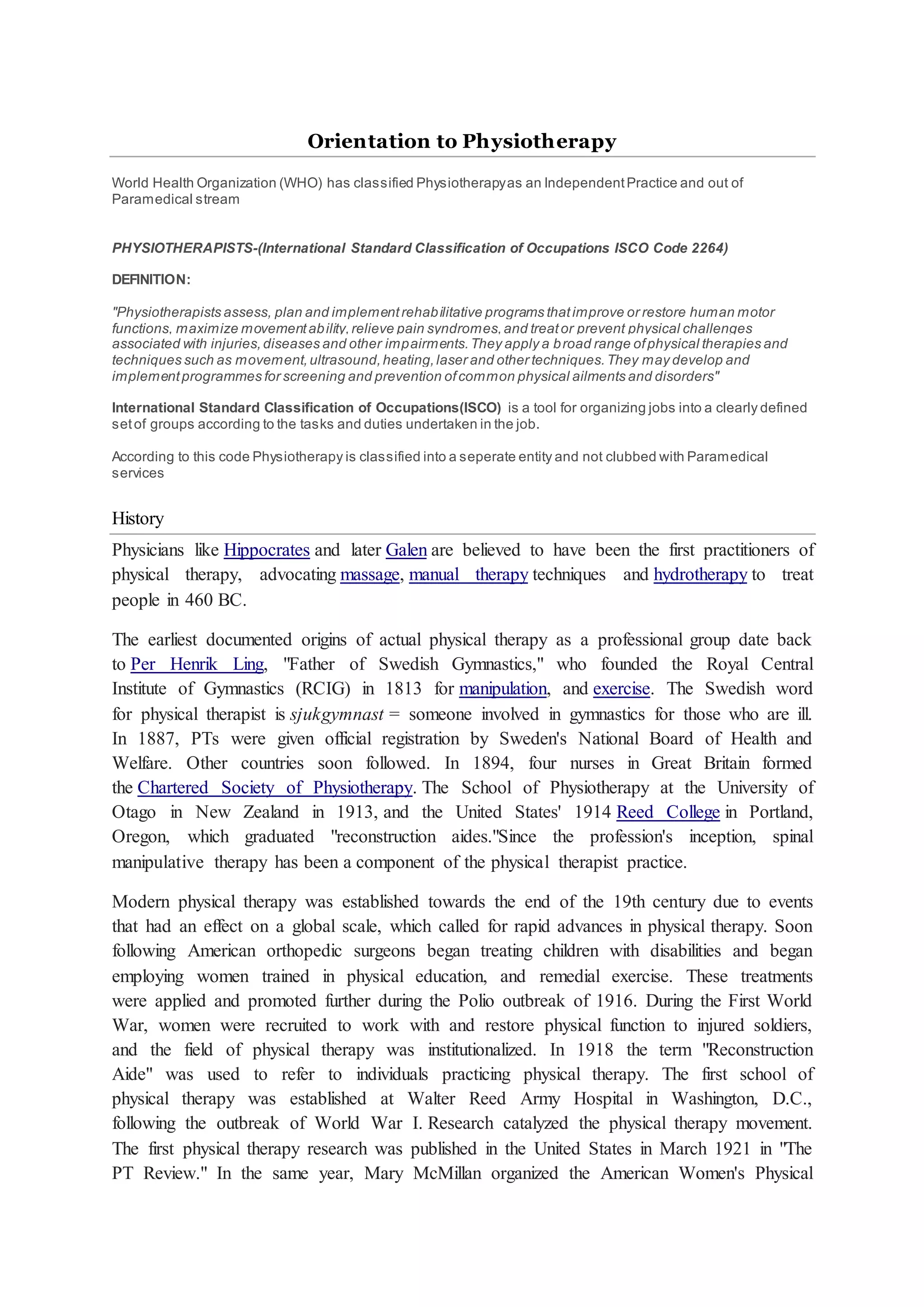 Orientation to physiotherapy | DOCX