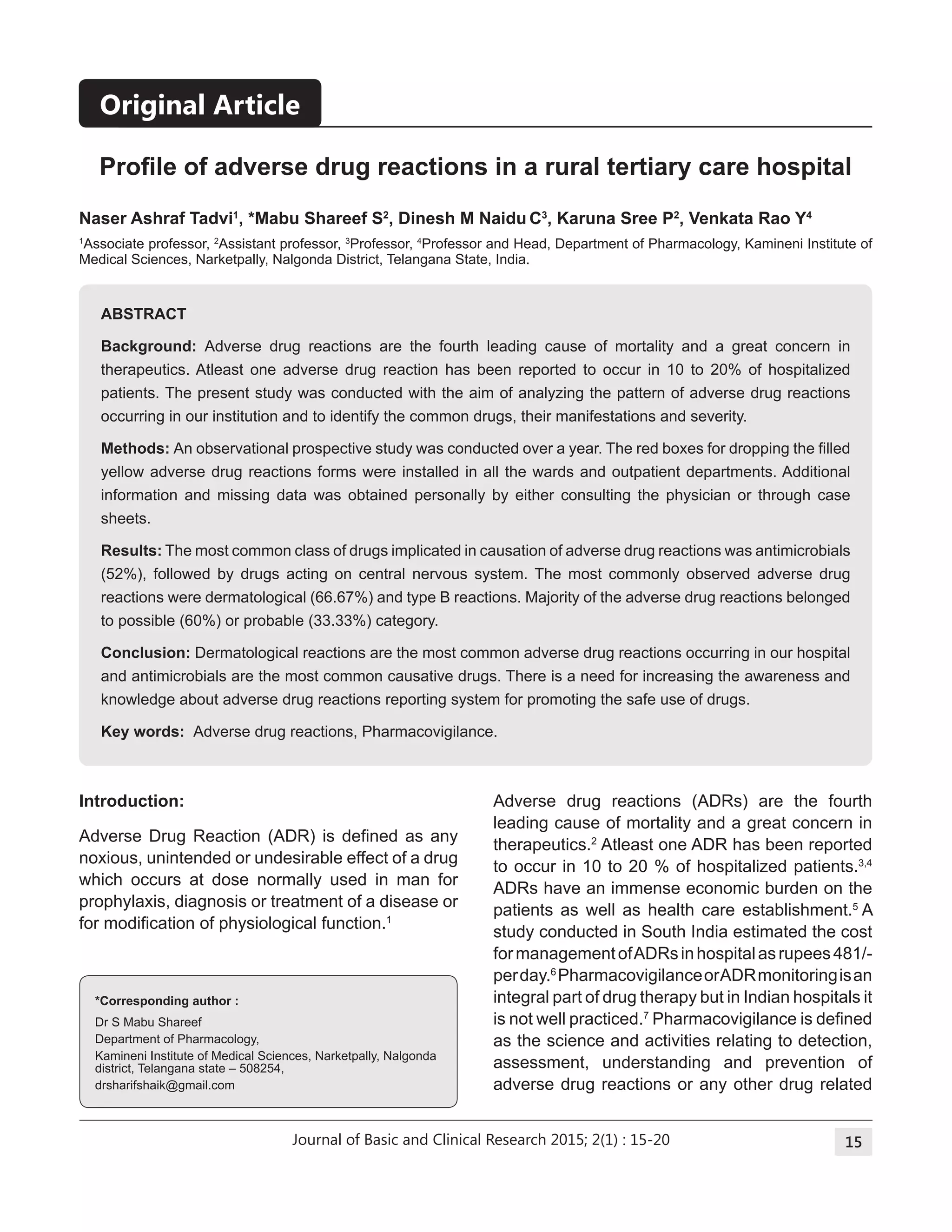 profile of adverse drug reactions in a rural tertiary care hospital | PDF