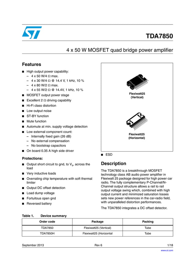 Original Audio Amplifier IC TDA7850 7850 SIP-25 New ST Microelectronics | PDF
