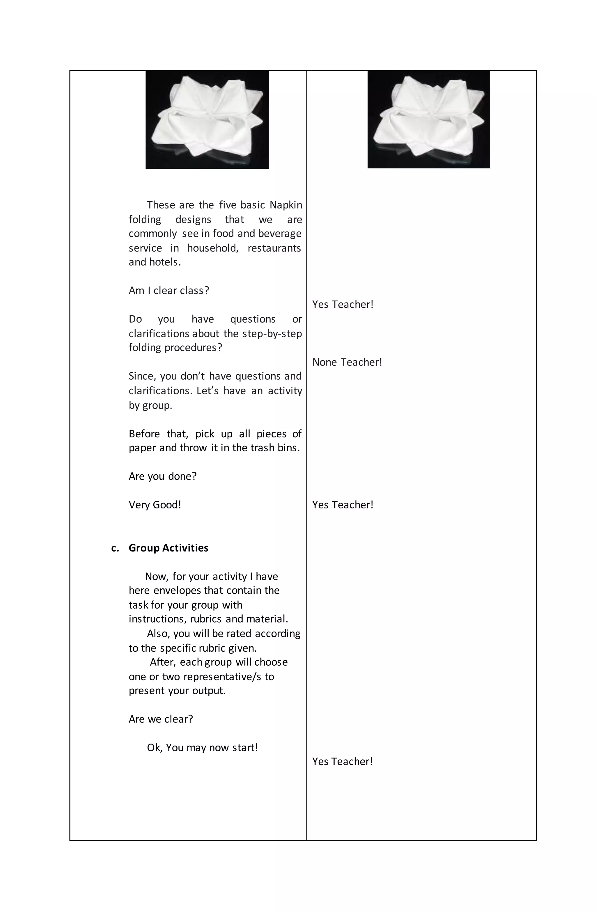 Detailed Lesson Plan in Household Services in TLE- TABLE NAPKIN FOLDING ...
