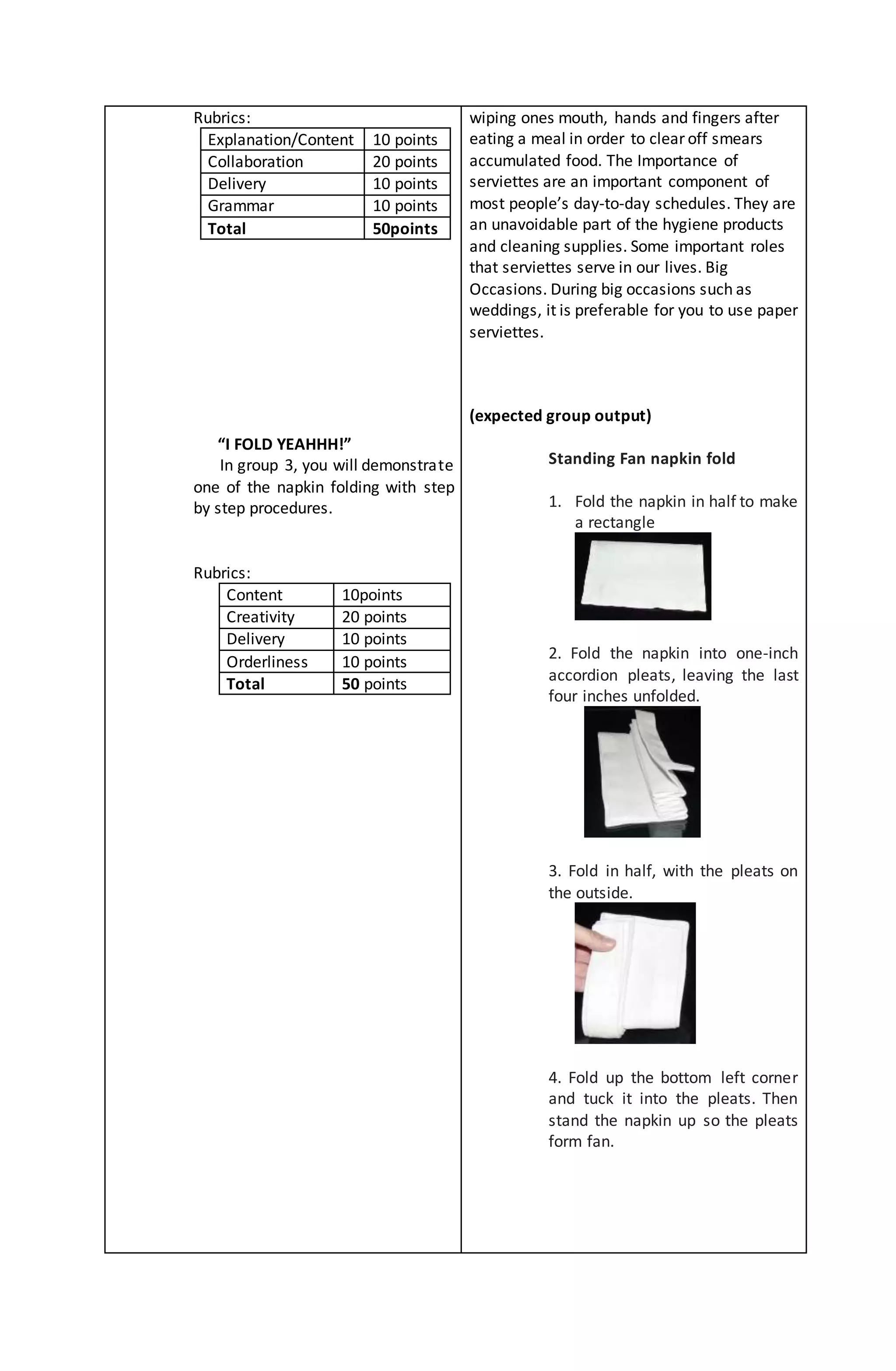 Detailed Lesson Plan in Household Services in TLE- TABLE NAPKIN FOLDING ...