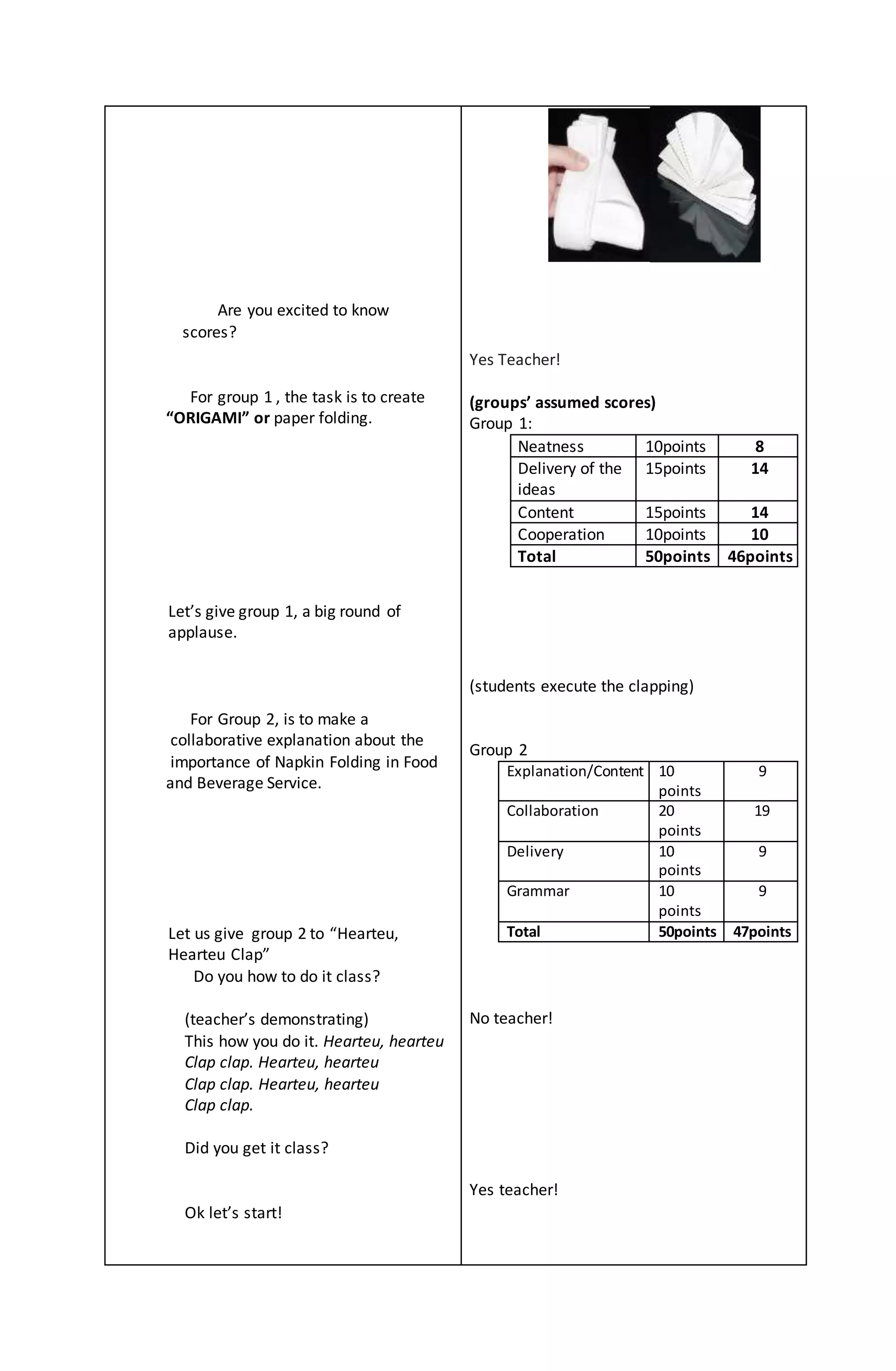 Detailed Lesson Plan in Household Services in TLE- TABLE NAPKIN FOLDING ...