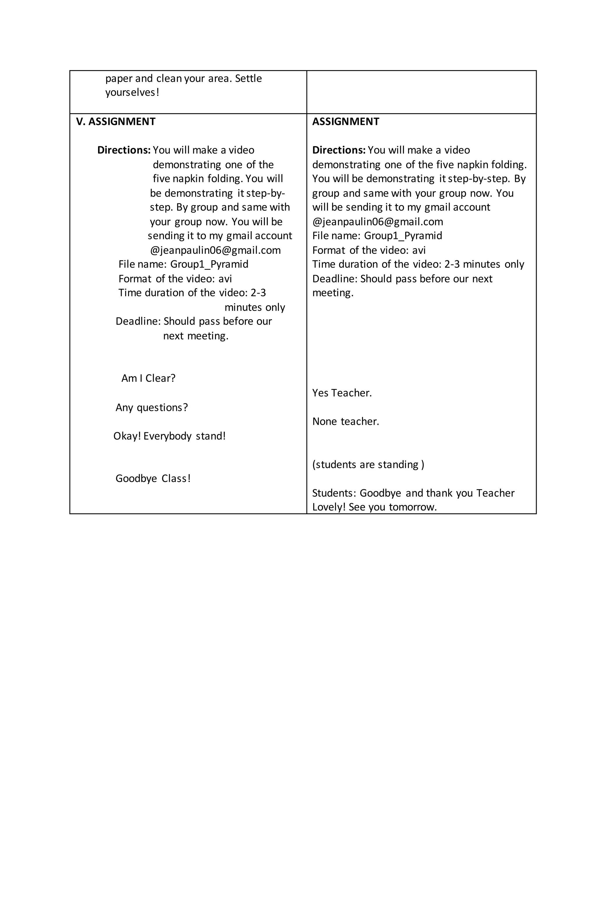 Detailed Lesson Plan in Household Services in TLE- TABLE NAPKIN FOLDING ...