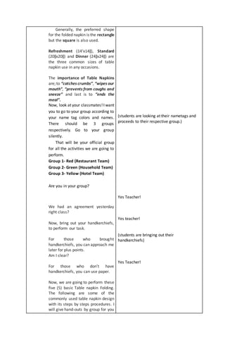 Detailed Lesson Plan in Household Services in TLE- TABLE NAPKIN FOLDING ...