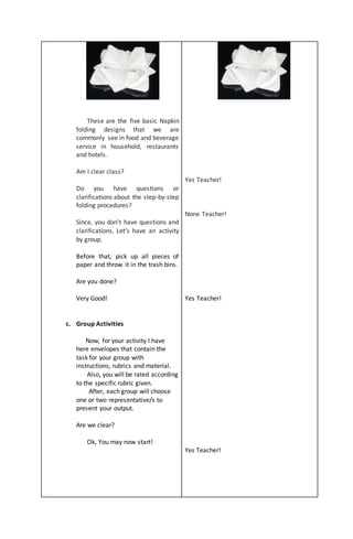 Detailed Lesson Plan in Household Services in TLE- TABLE NAPKIN FOLDING ...