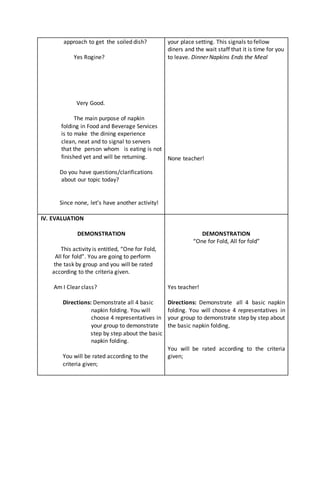 Detailed Lesson Plan in Household Services in TLE- TABLE NAPKIN FOLDING ...