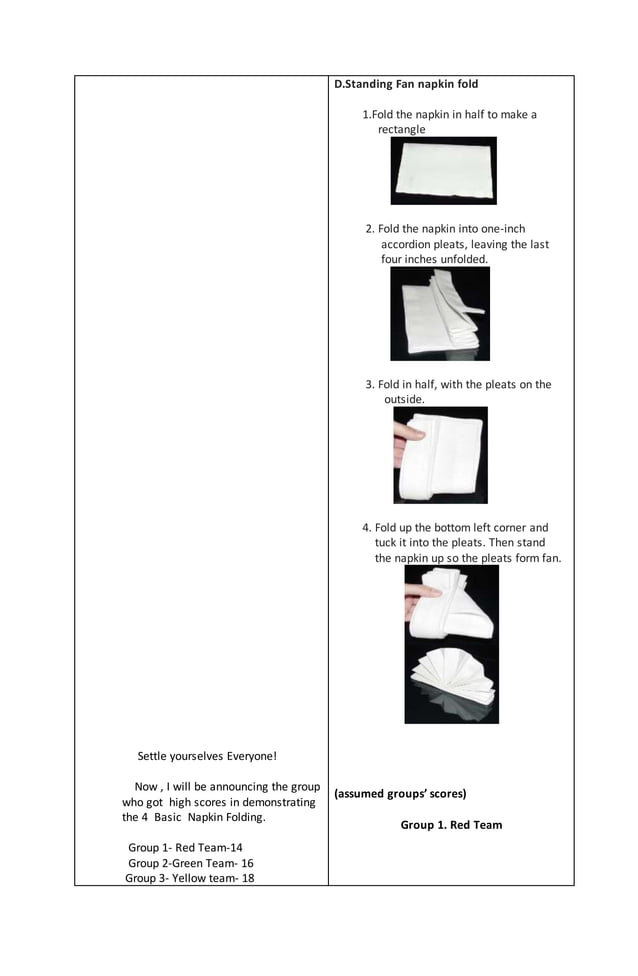 Detailed Lesson Plan in Household Services in TLE- TABLE NAPKIN FOLDING ...