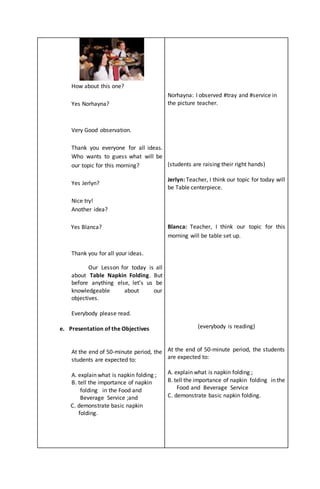 Detailed Lesson Plan in Household Services in TLE- TABLE NAPKIN FOLDING ...