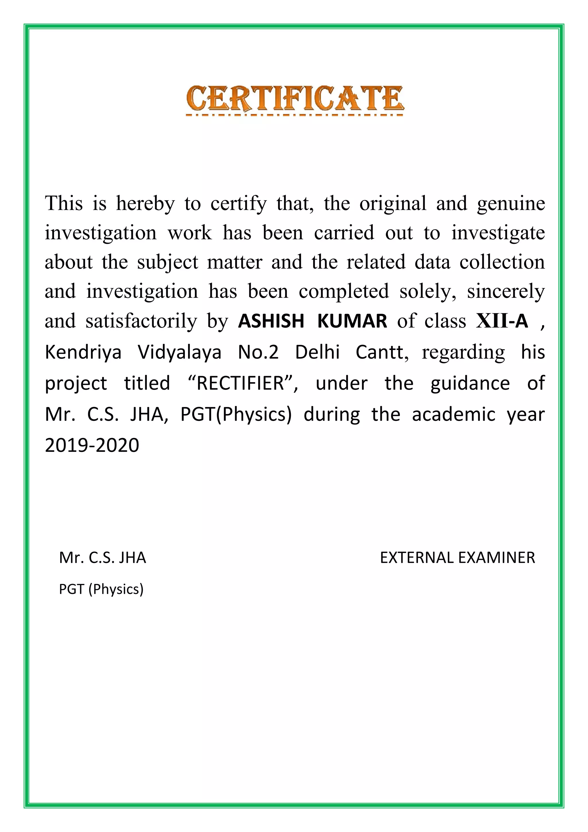 Rectifier class 12th physics investigatory project | PDF
