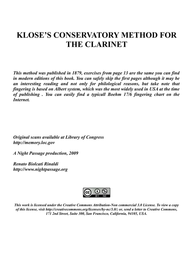 1º KLOSE’S CONSERVATORY METHOD FOR THE CLARINET.Original scans available at library of congress ...