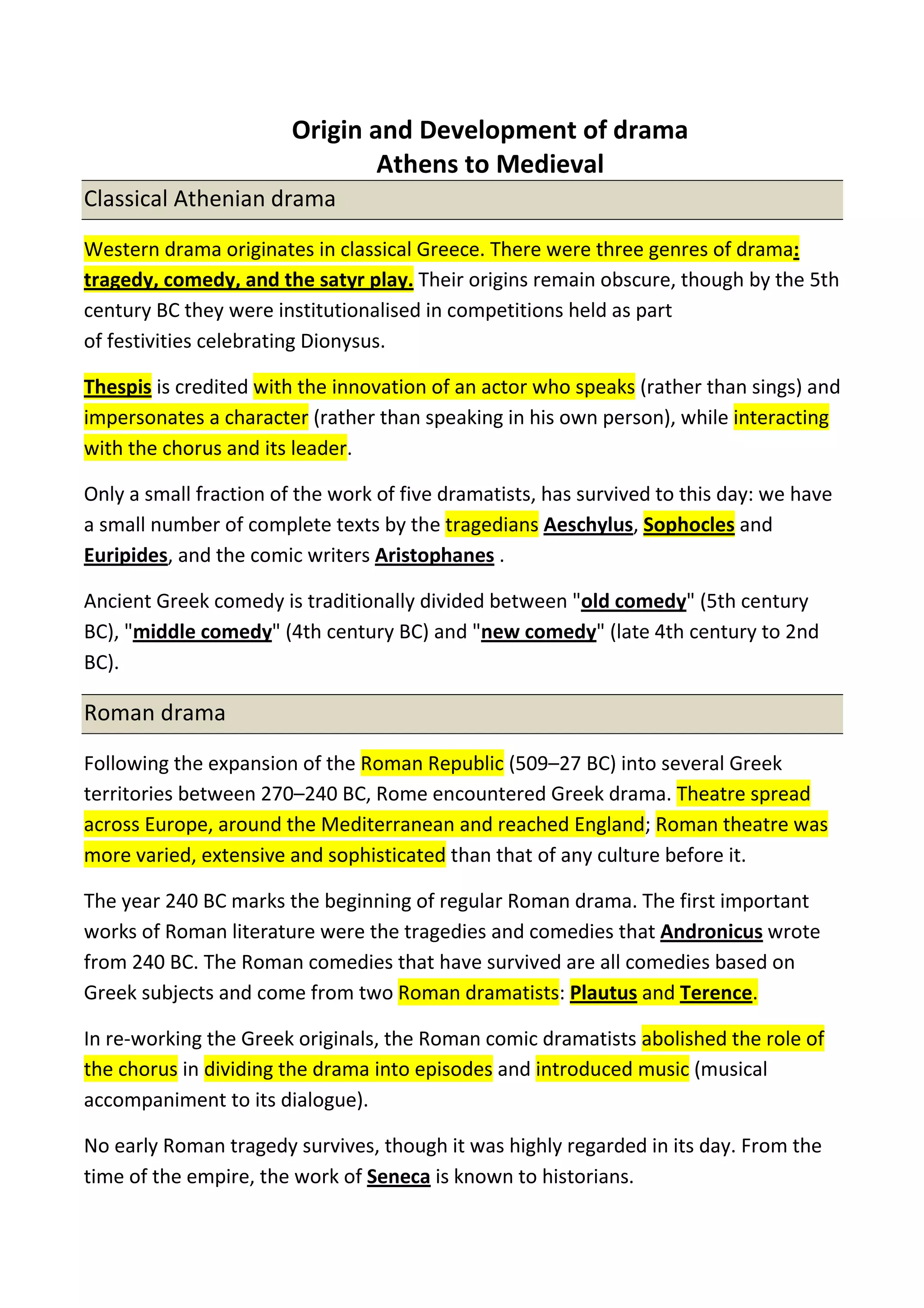 Origin and development of drama athens to medieval | PDF