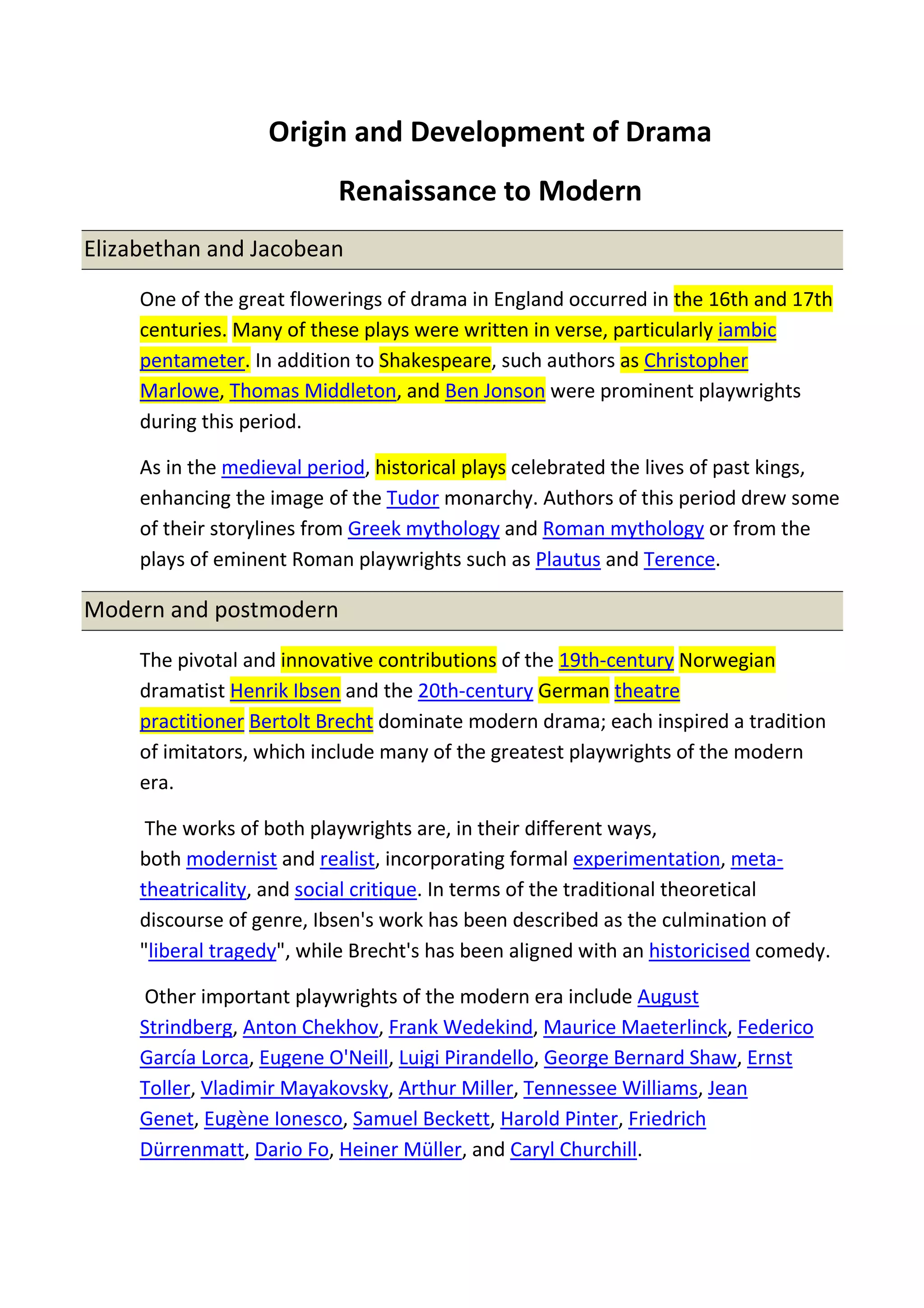 Origin and development of drama renaissance to modern | PDF