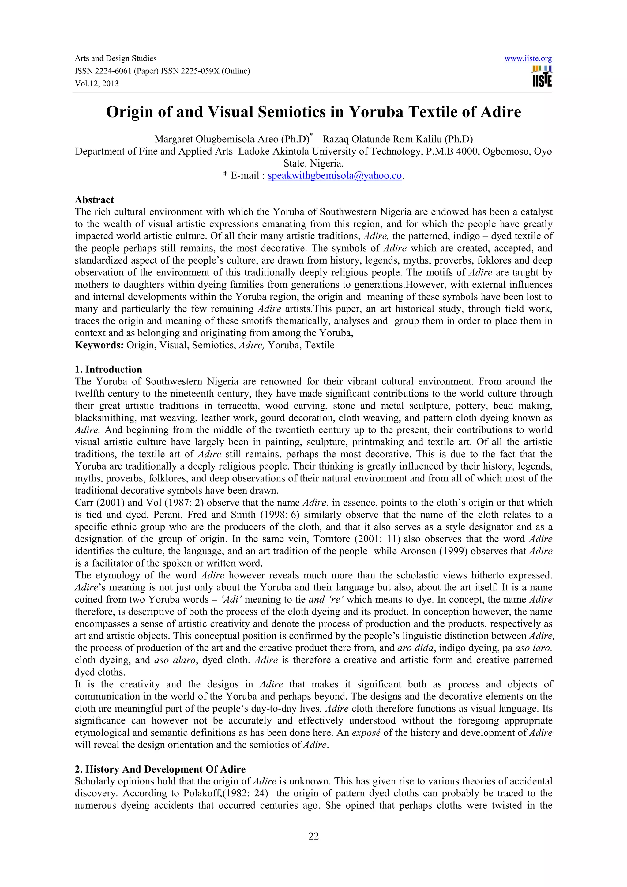 Origin of and visual semiotics in yoruba textile of adire | PDF