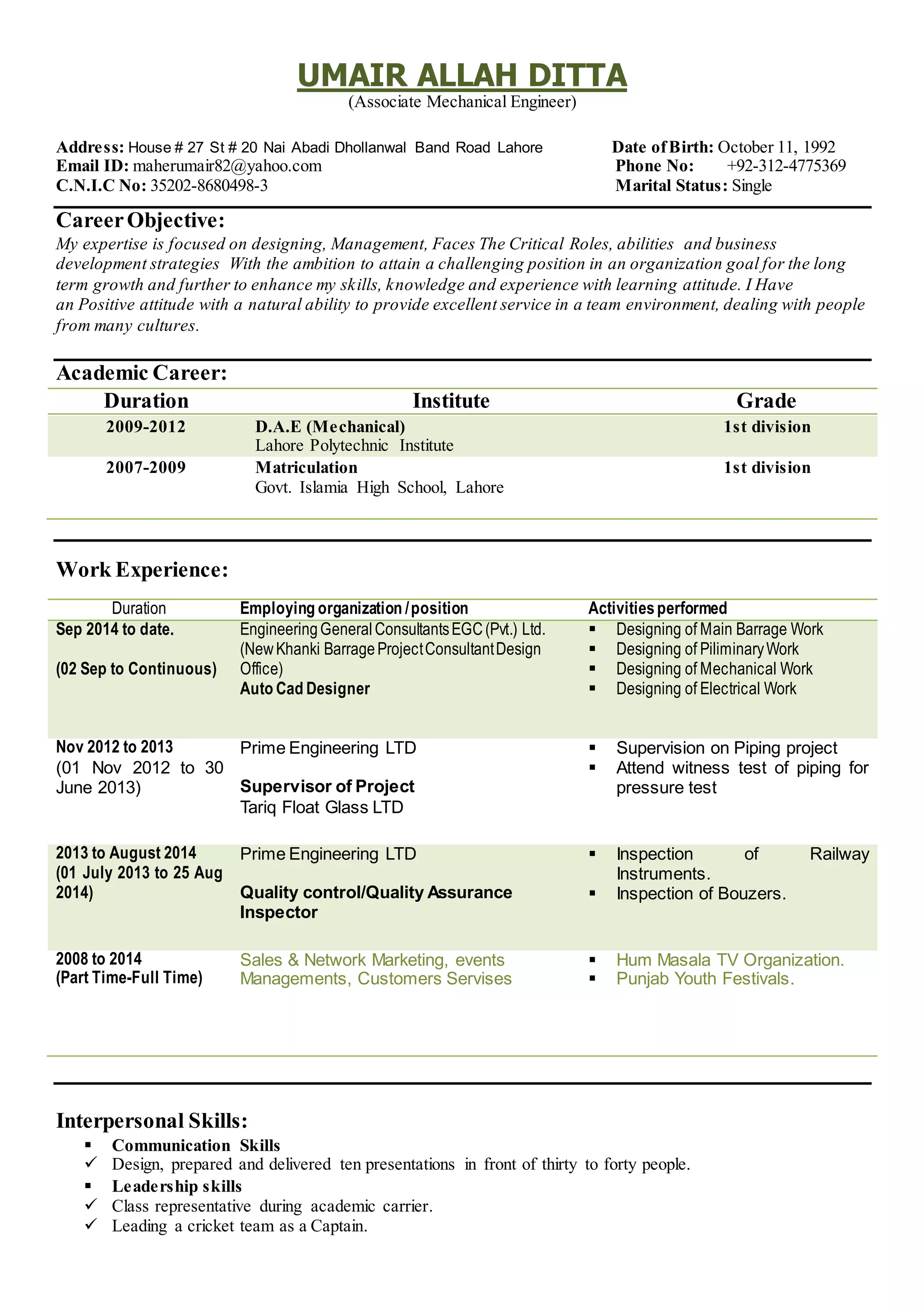 Orignal cv umair | DOCX | Civil Engineering Industry | Industries