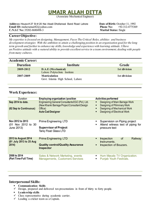 Orignal cv umair | DOCX | Civil Engineering Industry | Industries