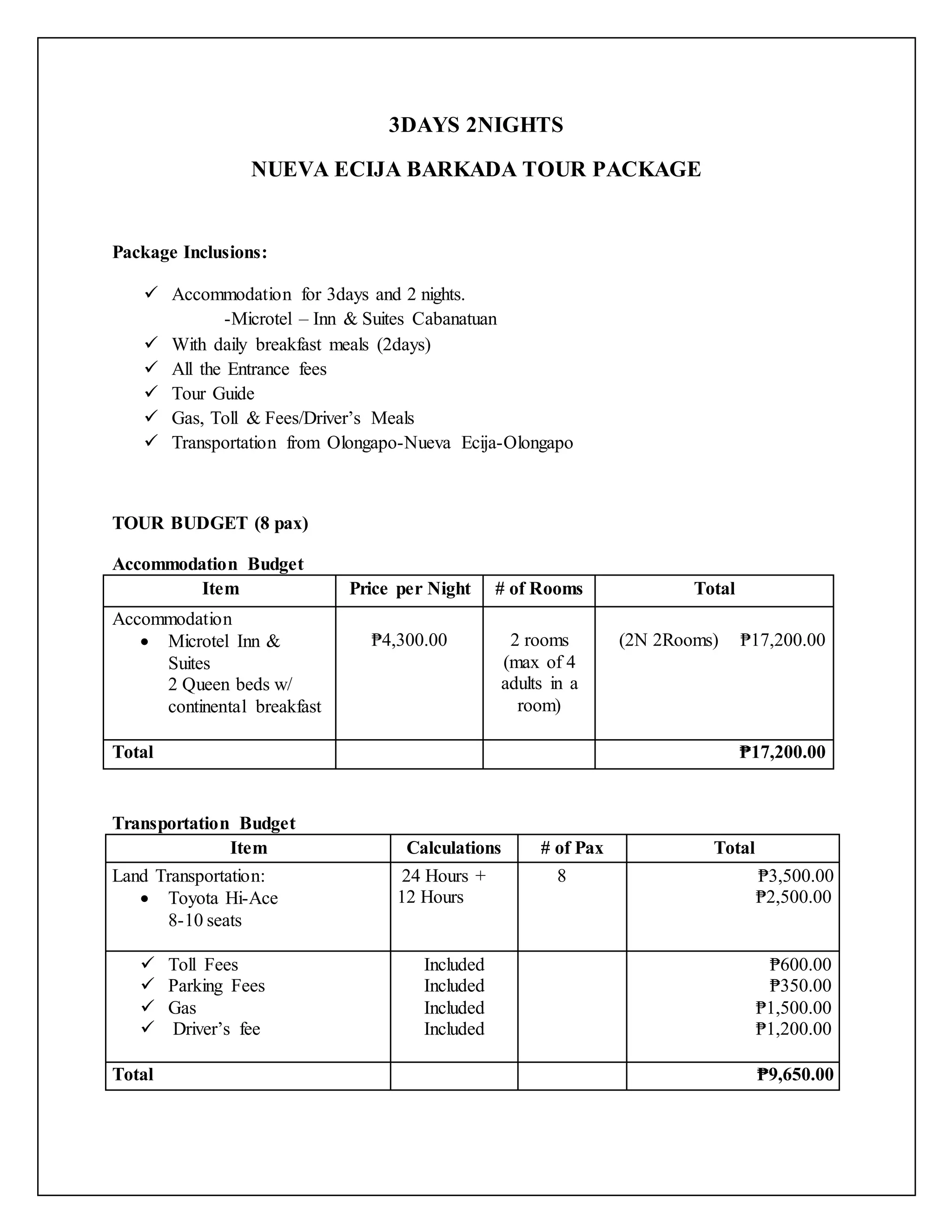 3D 2N Nueva Ecija Barkada Tour Package | DOCX