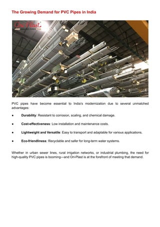 Ori-Plast: Trusted PVC Pipe Supplier in India | PDF