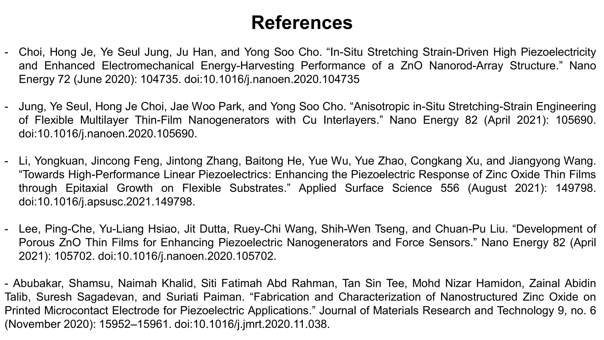 Zinc oxide nanomaterials and their applications in piezoelectric ...