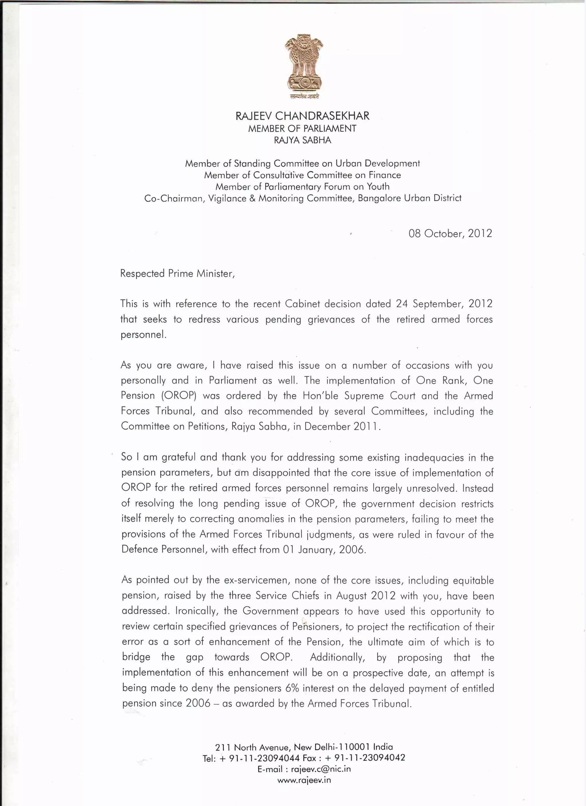 Indian Armed Forces-OROP Letter to the Prime Minister | PDF