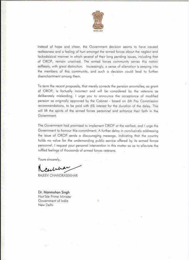 Indian Armed Forces Orop Letter To The Prime Minister Pdf
