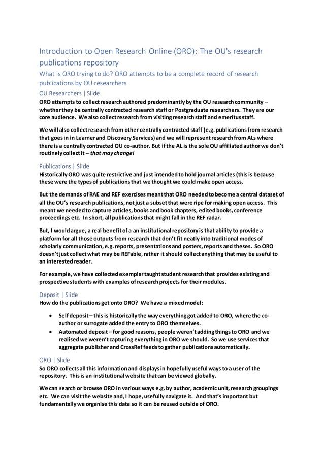 ORO Introductory Session Script 2022 | PDF