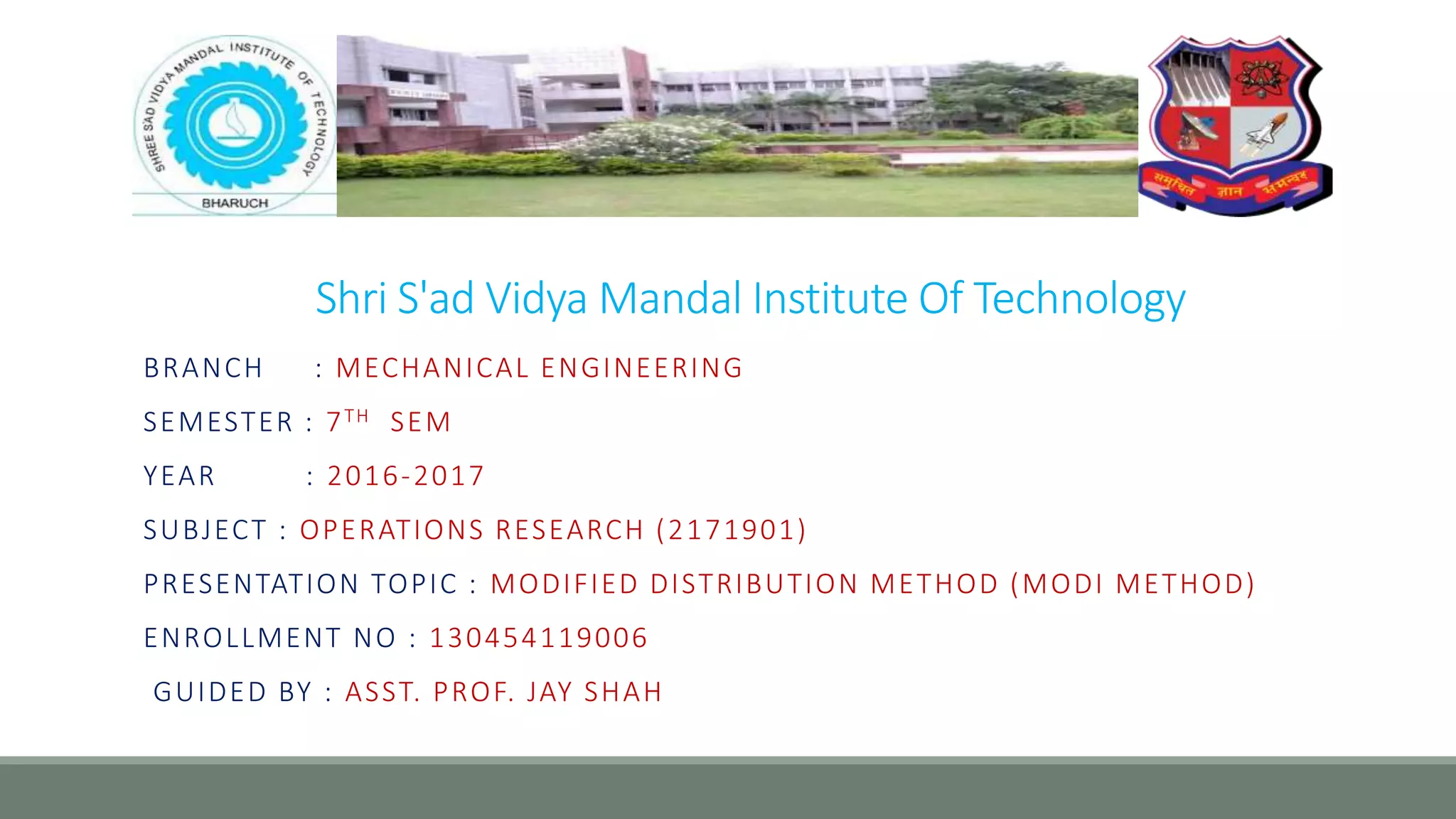 Modi Method Operations Research Ppt 