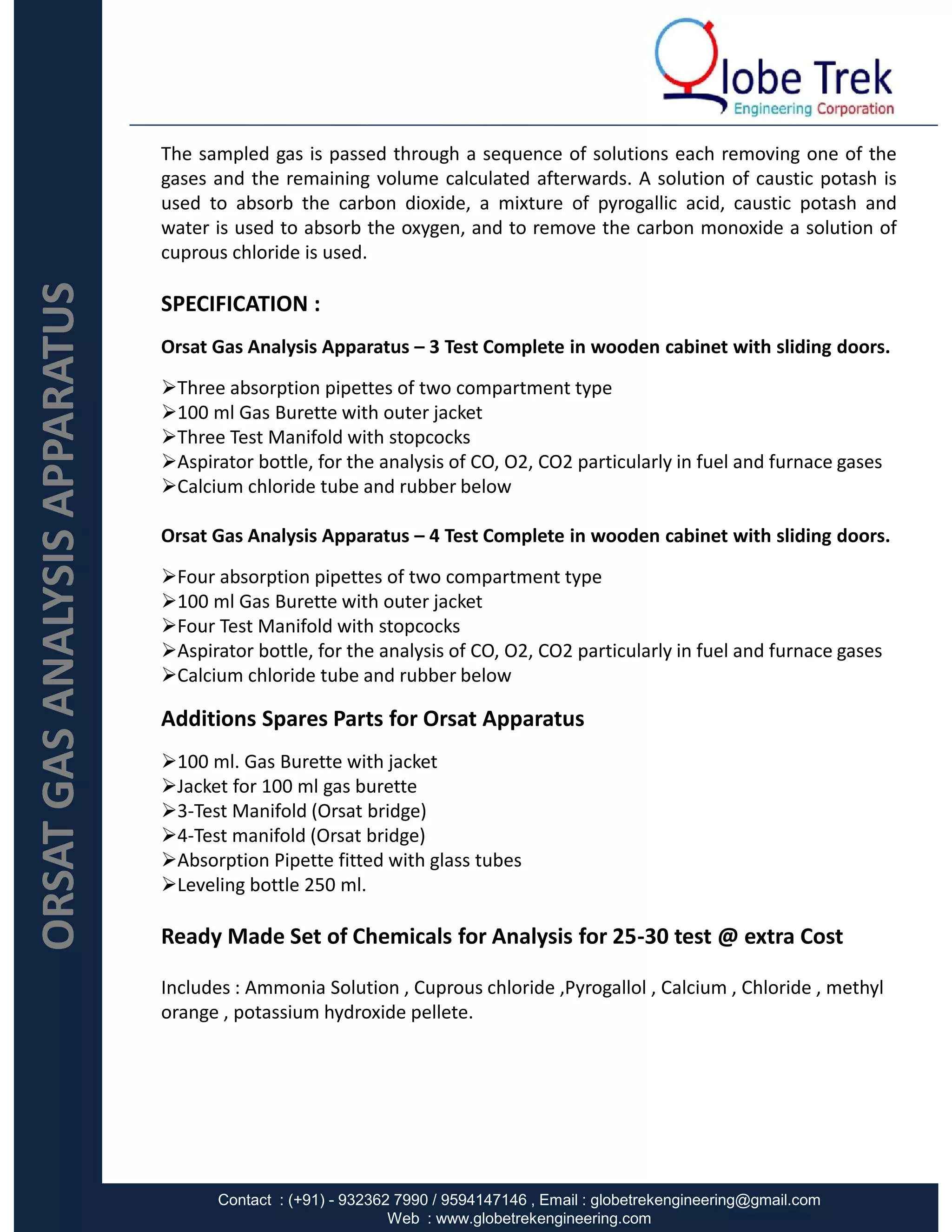 Orsat gas analysis Apparatus detail manufacturer specification | PDF