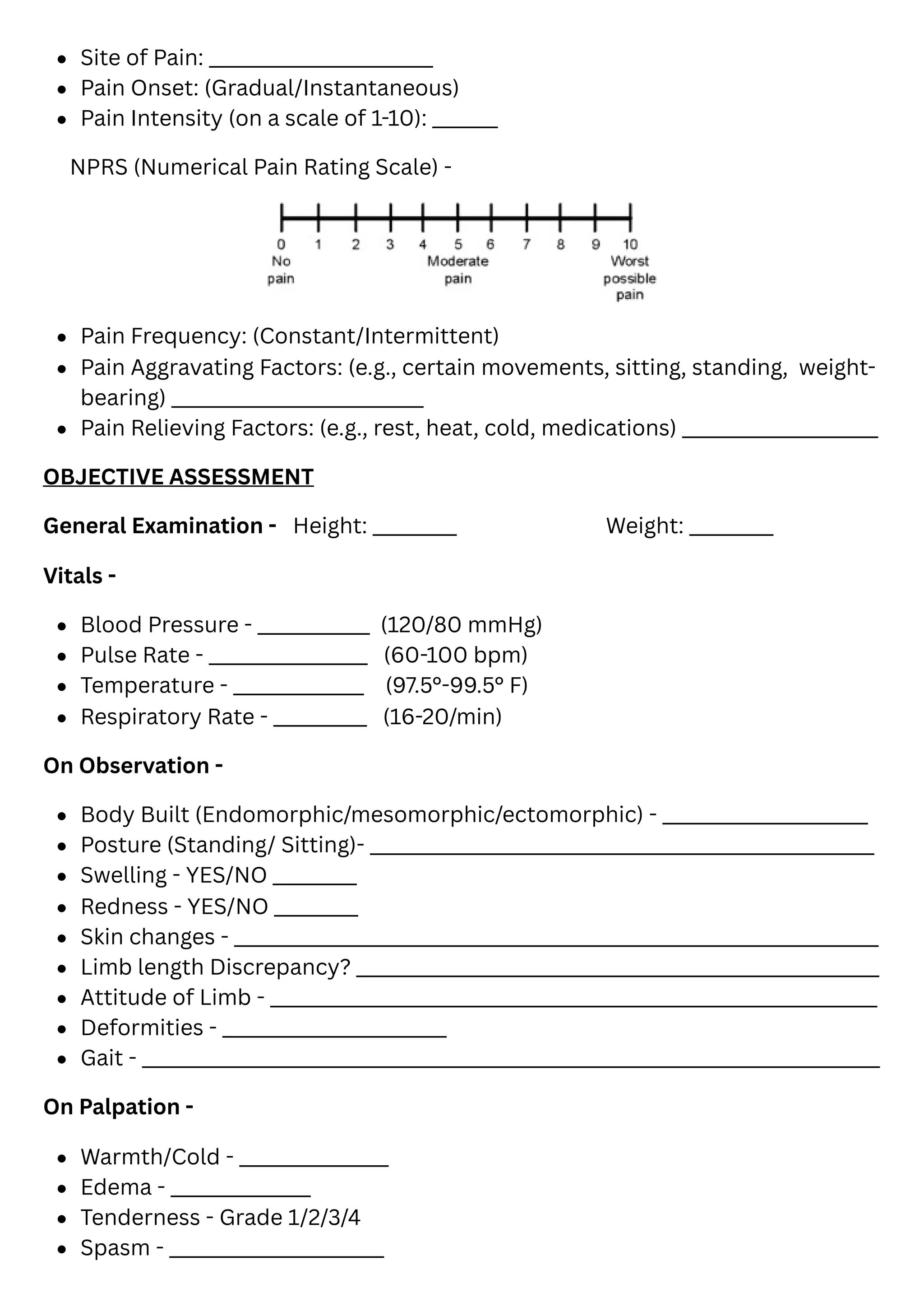 Orthopedic Physiotherapy Assessment form | PDF