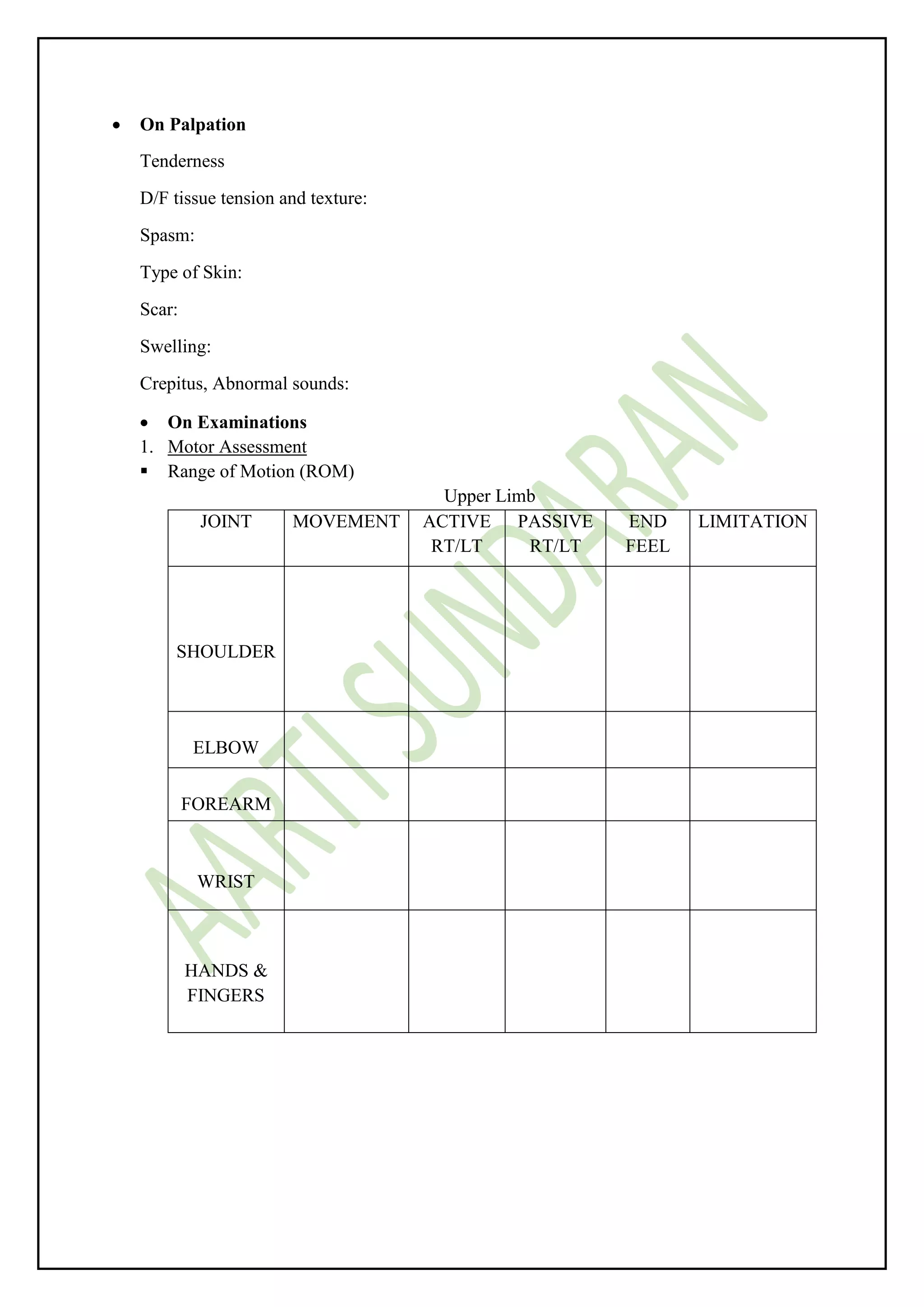 Orthopedic physiotherapy evaluation form wm | PDF