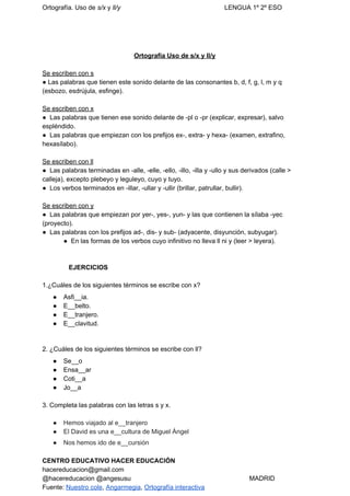 Ortografía. Uso de s/x y ll/y | PDF
