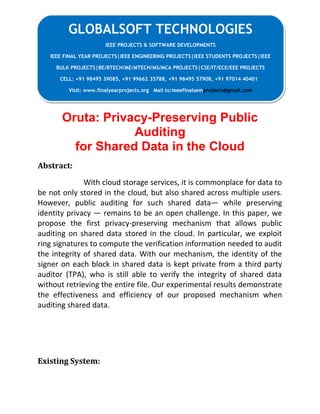 IEEE 2014 JAVA CLOUD COMPUTING PROJECTS Oruta privacy preserving public ...