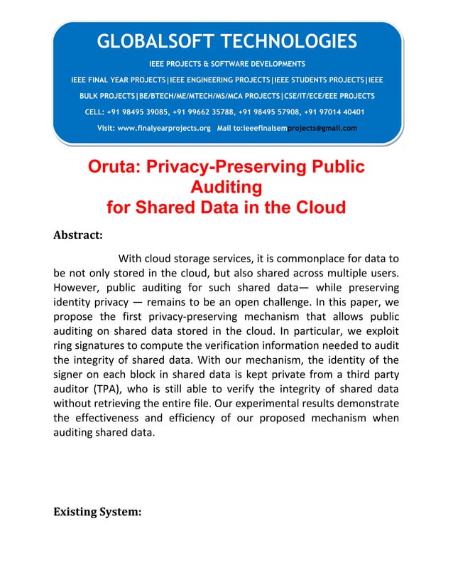 IEEE 2014 JAVA CLOUD COMPUTING PROJECTS Oruta privacy preserving public auditing for shared data ...