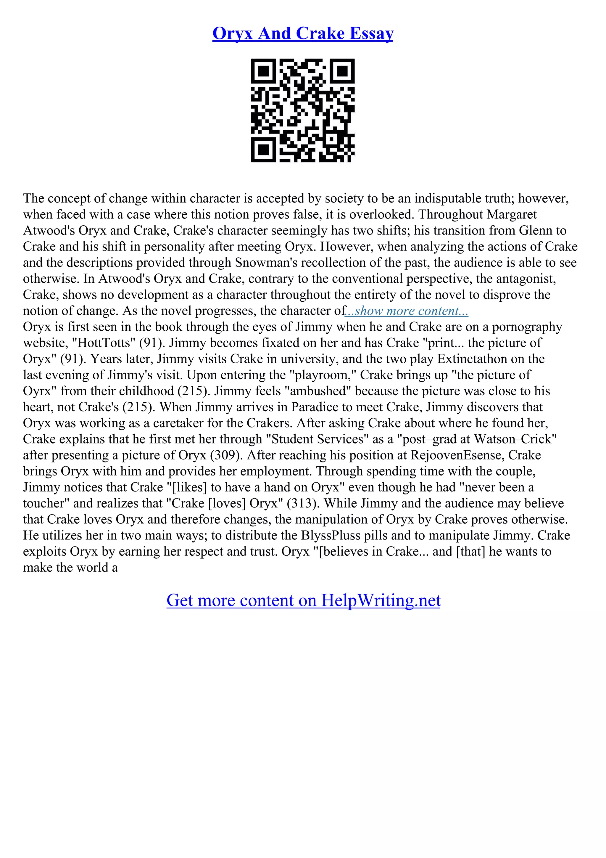 Oryx And Crake Essay | PDF