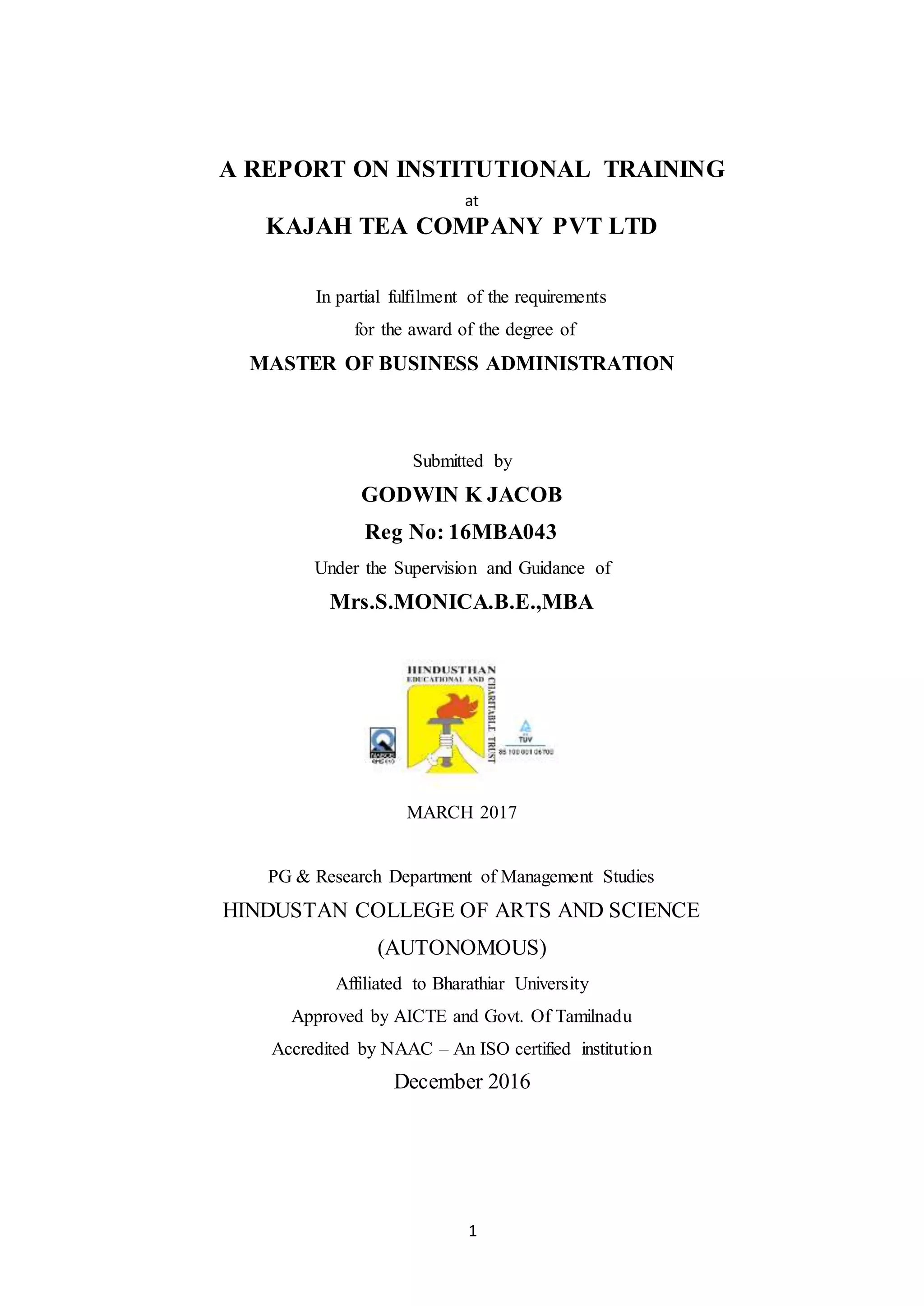 Institutional training report at kajah tea pvt ltd | DOCX