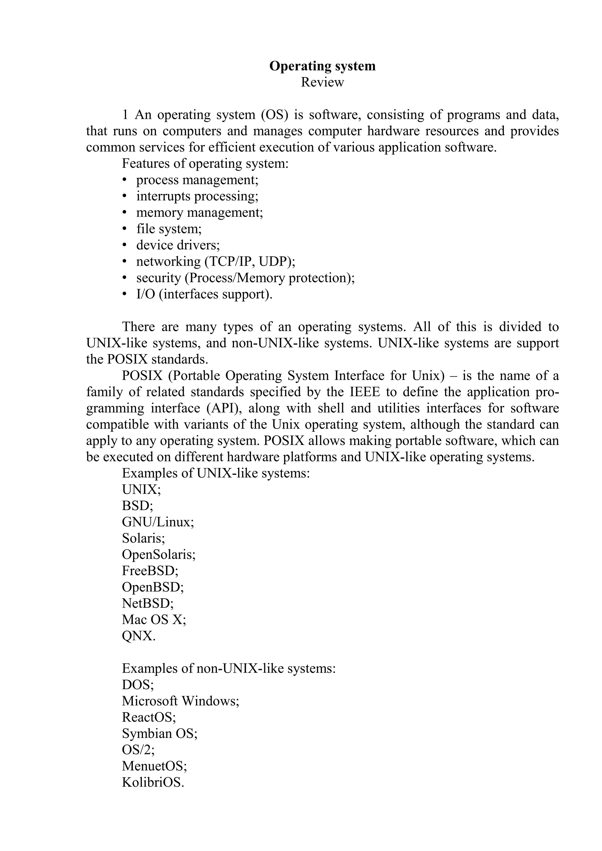 OS-description | PDF | Operating Systems | Computer Software and Applications