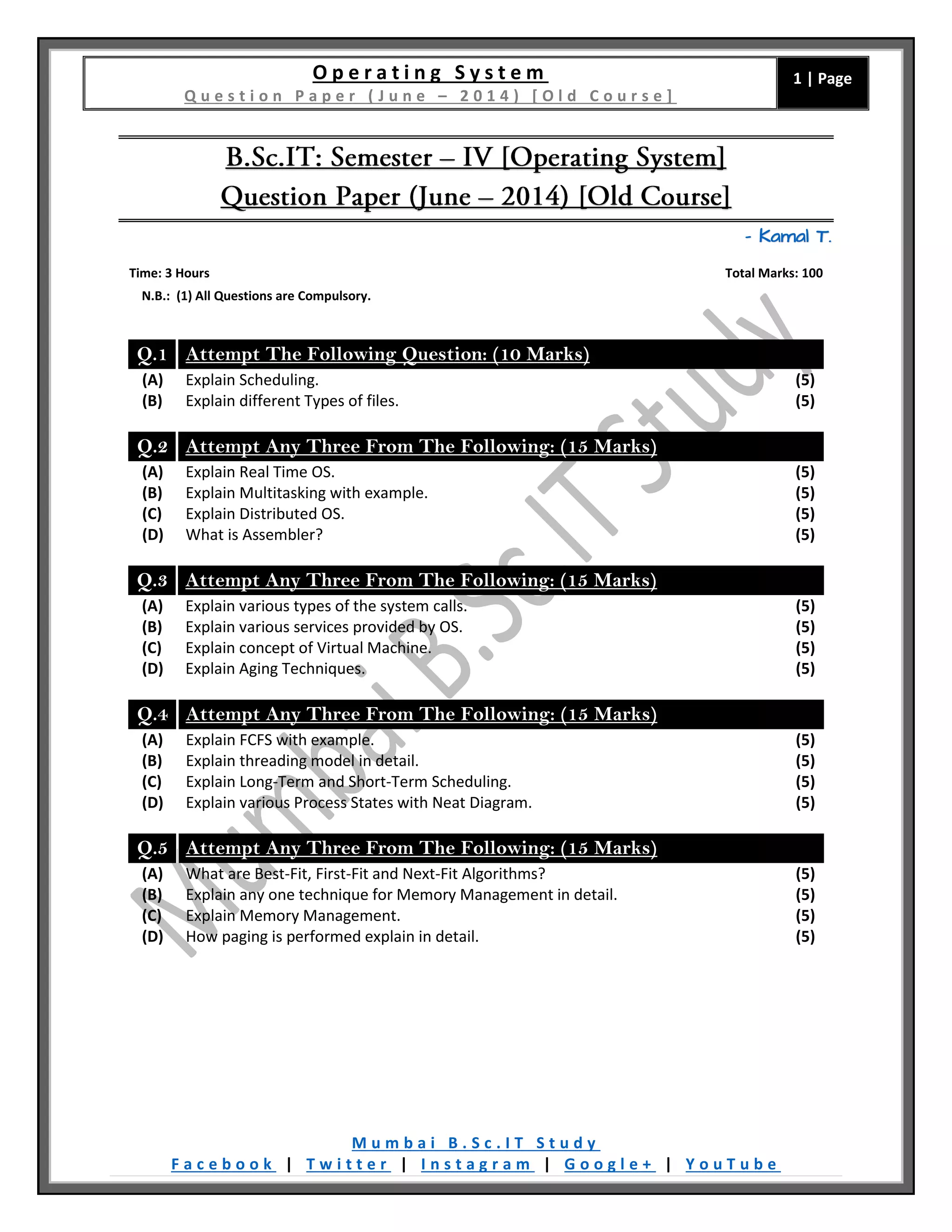 [Question Paper] Operating System (Old Course) [June / 2014] | PDF