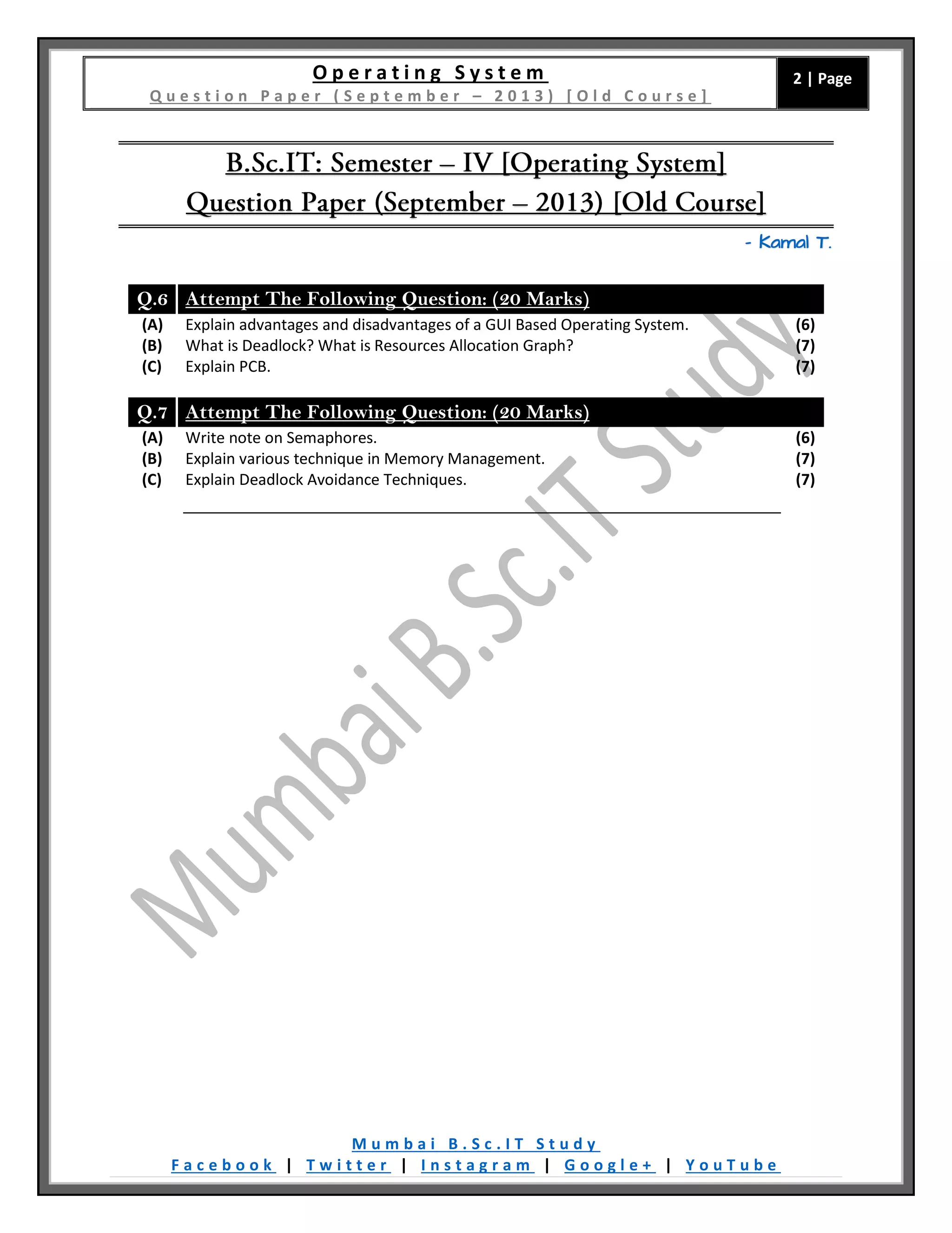 [Question Paper] Operating System (Old Course) [September / 2013] | PDF ...