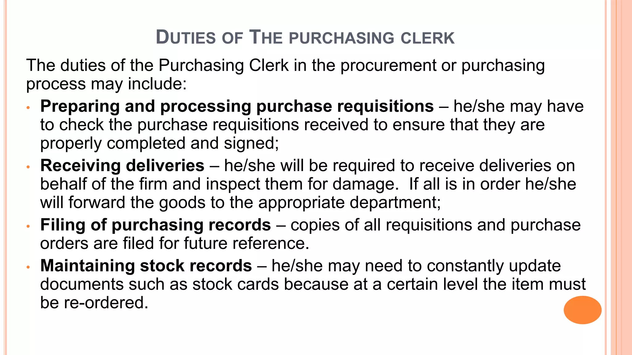 Duties and attributes of a purchasing clerk/assistant | PPTX