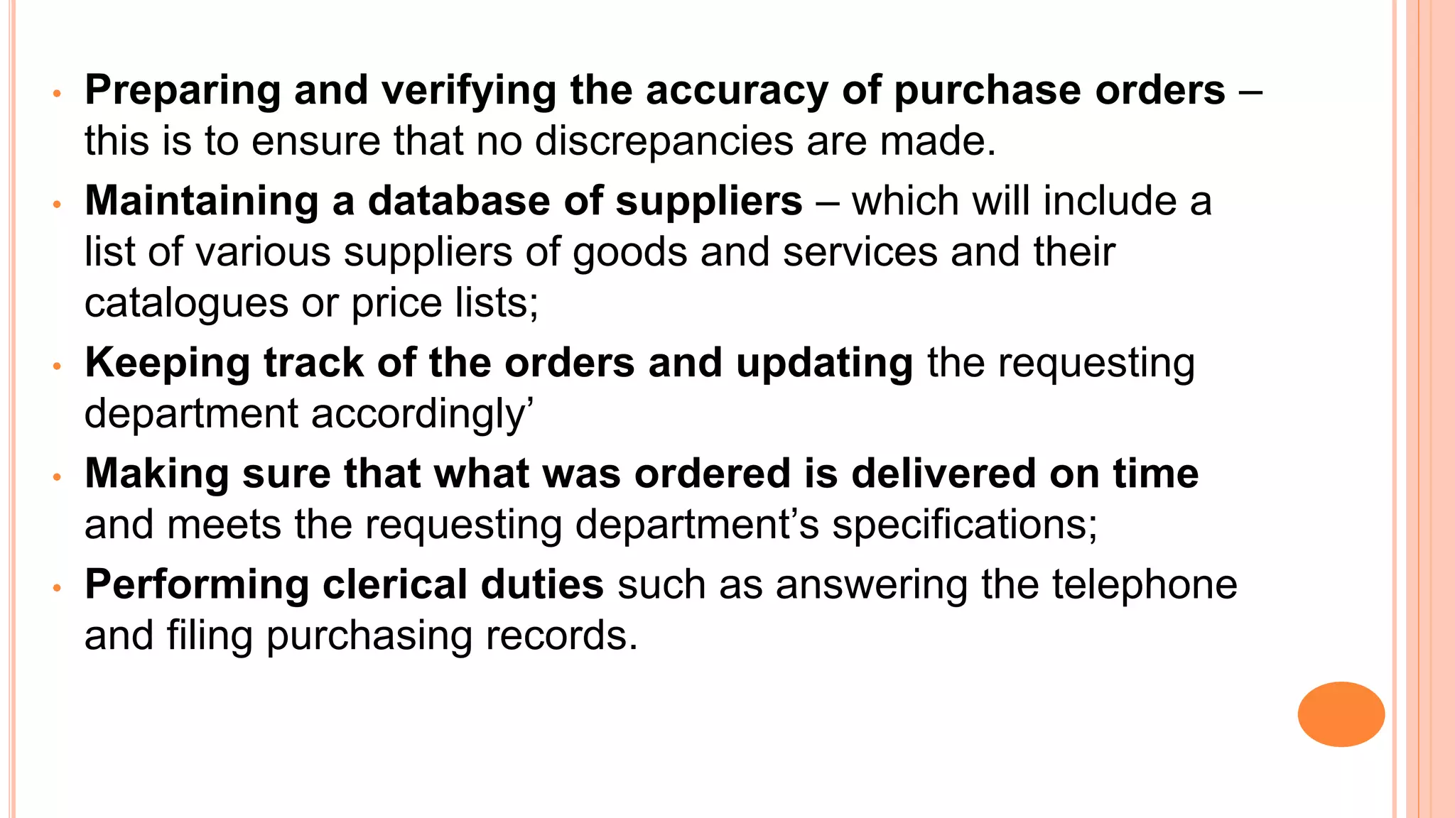 Duties and attributes of a purchasing clerk/assistant | PPTX