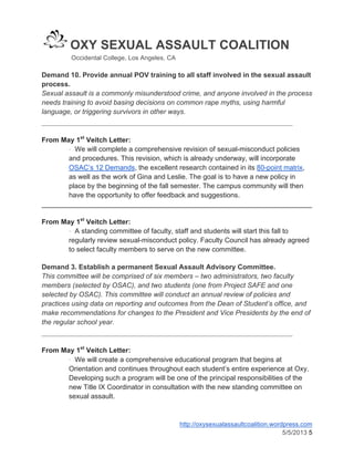OSAC Response to President Veitch's May 1st Sexual Assault Update to Occidental College | PDF