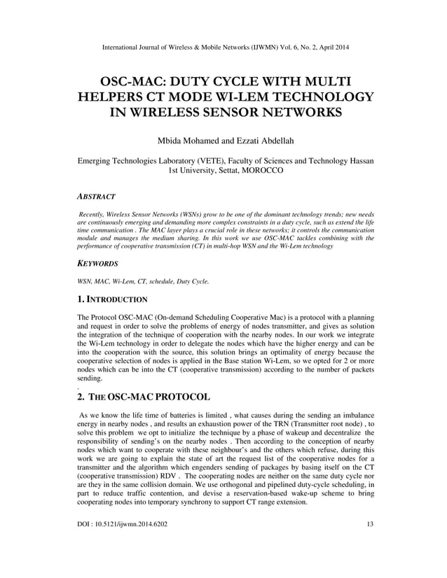 Osc mac duty cycle with multi helpers ct mode wi-lem technology in wireless sensor networks | PDF