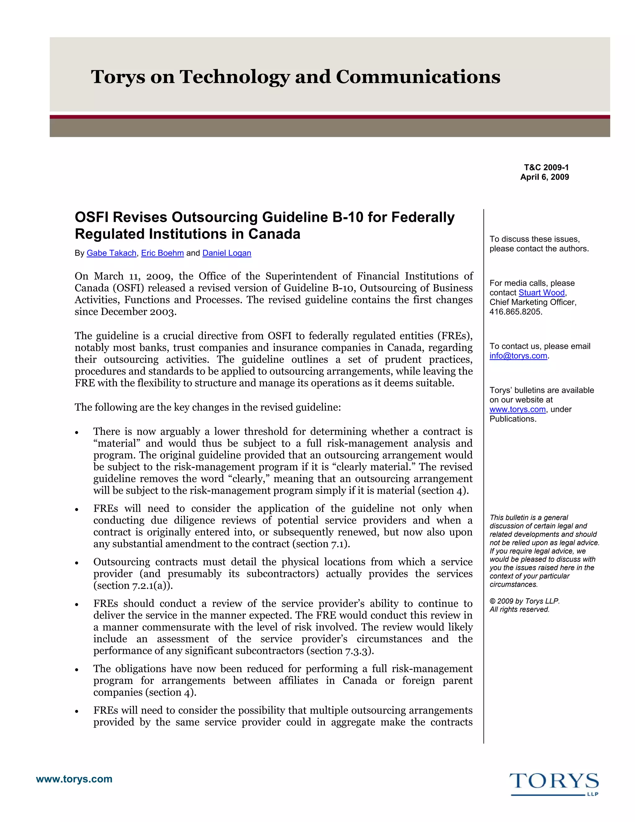 OSFI Revises B-10 Guidelines | PDF