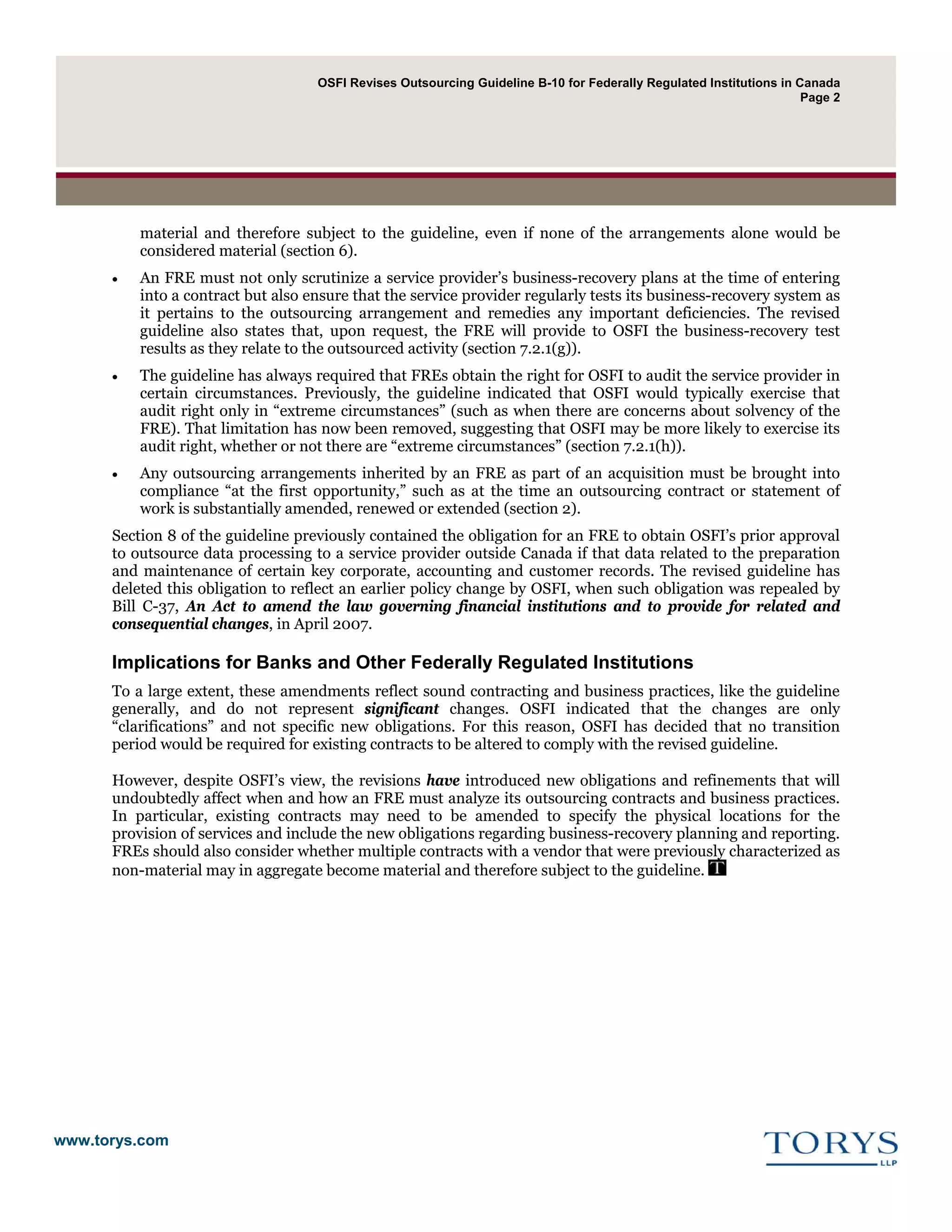 OSFI Revises B-10 Guidelines | PDF