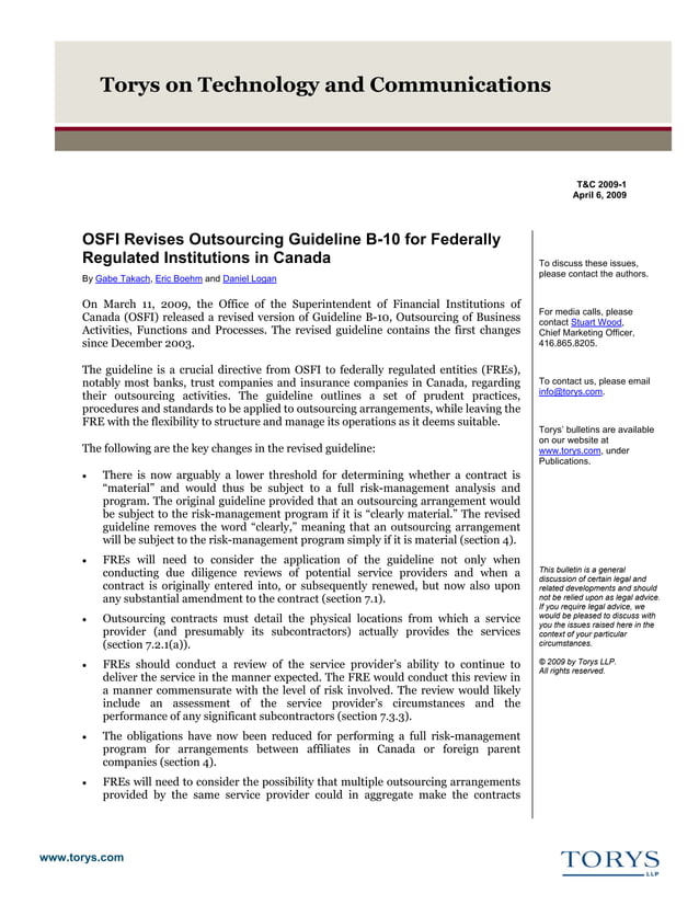 OSFI Revises B-10 Guidelines | PDF