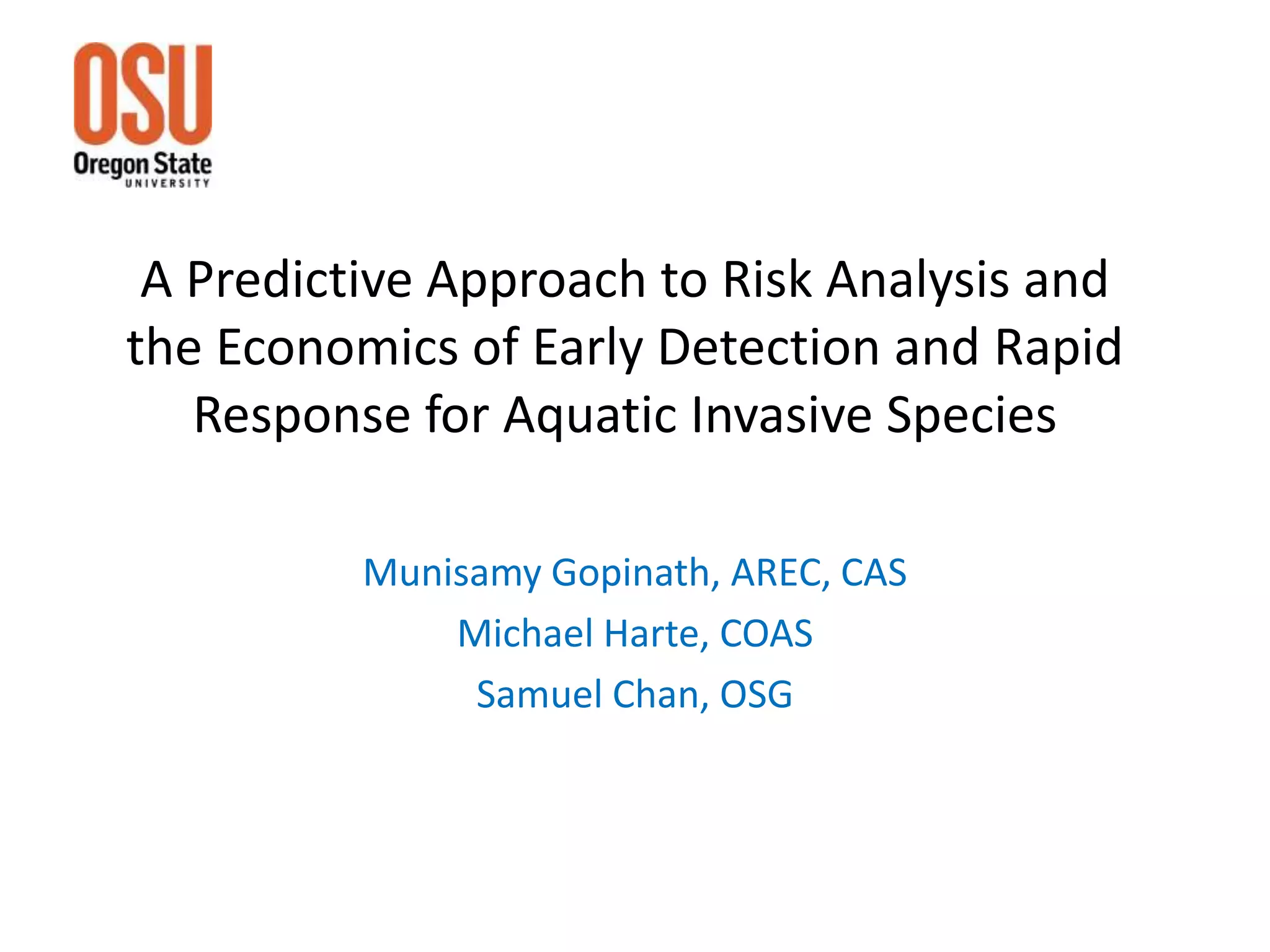 A Predictive Approach to Risk Analysis and the Economics of Early ...